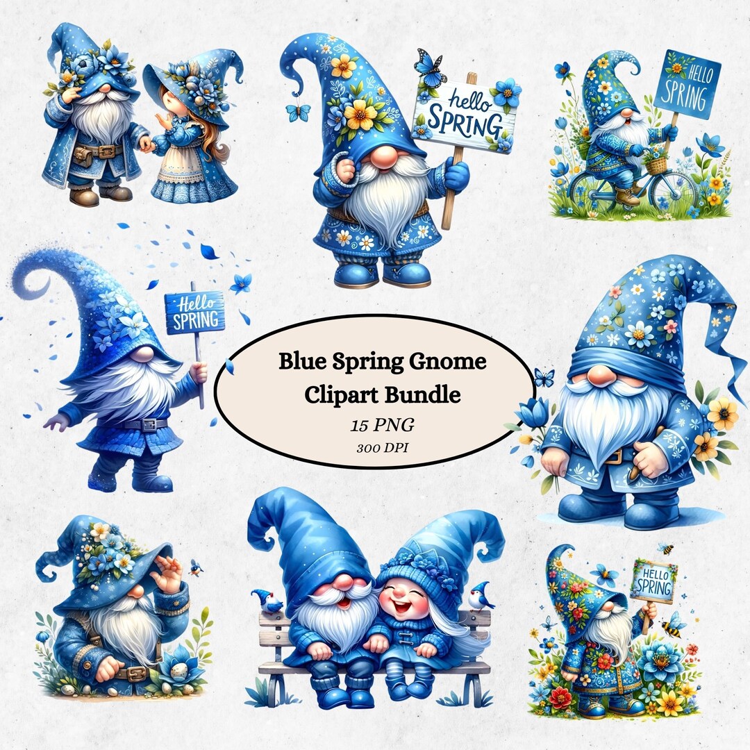 Blue Spring Gnome Clipart Bundle, Digital Download, Scandinavian Nisse ...