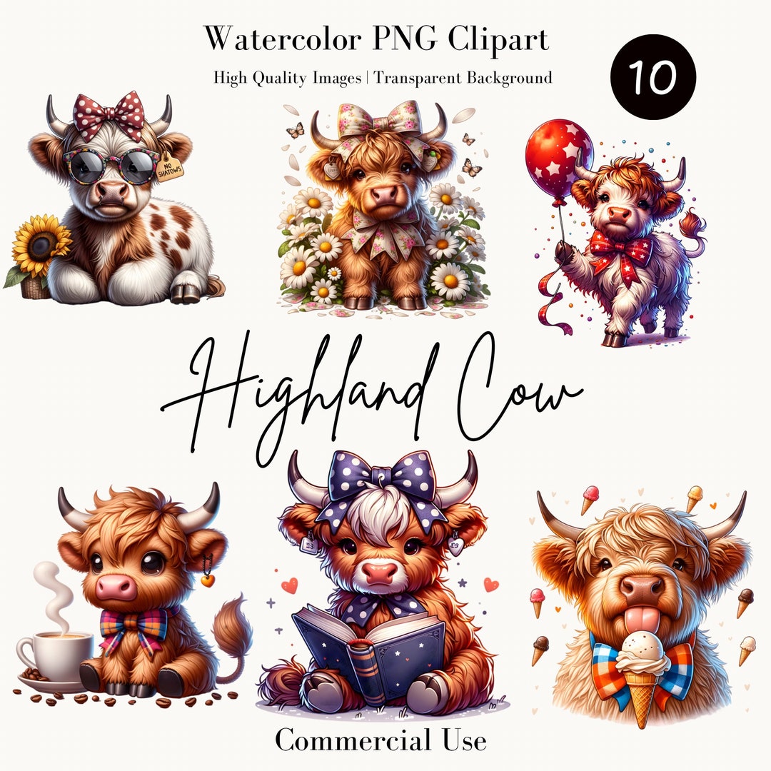 Watercolor Highland Cow PNG Clipart Cute Highland Cow Illustrations ...