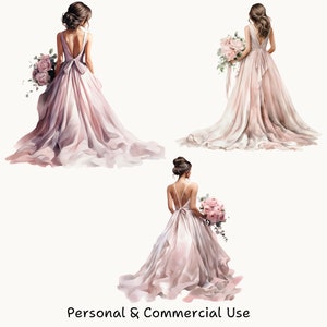 Elegant Watercolor Bride Clipart, Pink Wedding Dress Illustration ...