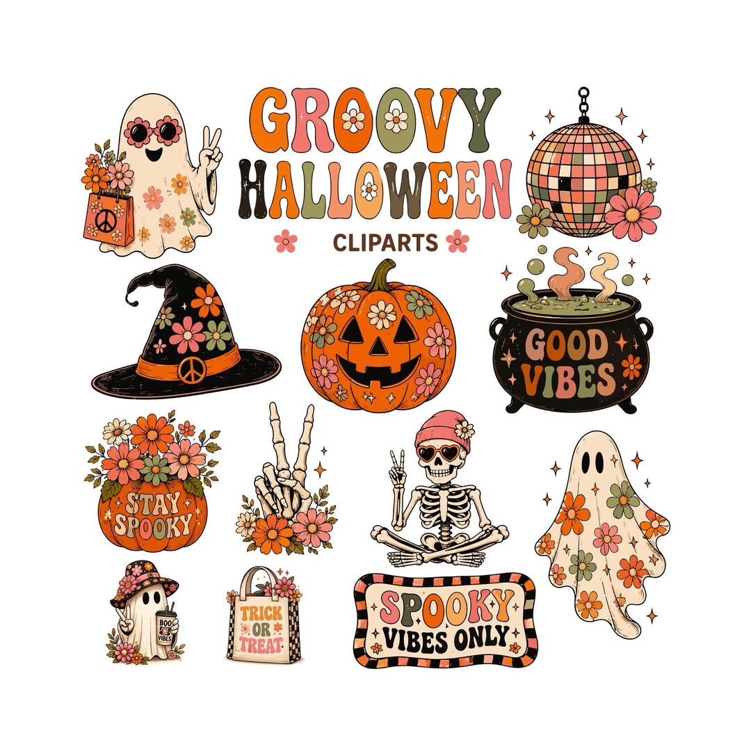 Groovy Halloween Clipart Bundle | Retro Ghost PNG, Hippie Skeleton ...