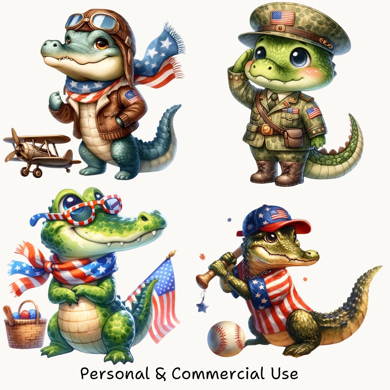 Patriotic Alligator Clipart, Memorial Day Celebration, Kids Card Art ...