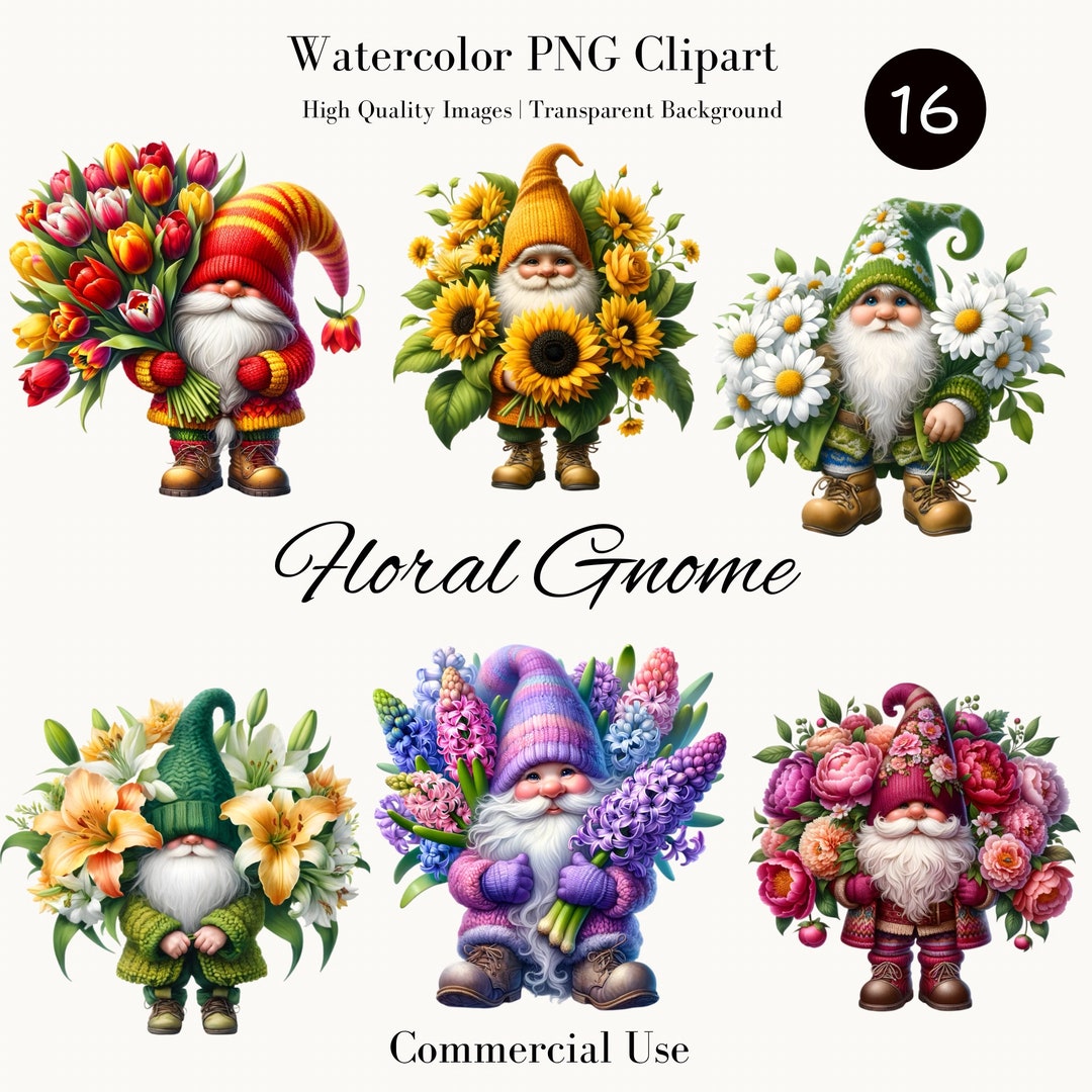 Floral Gnome Watercolor Clipart Set – 16 PNG Files, High Quality ...
