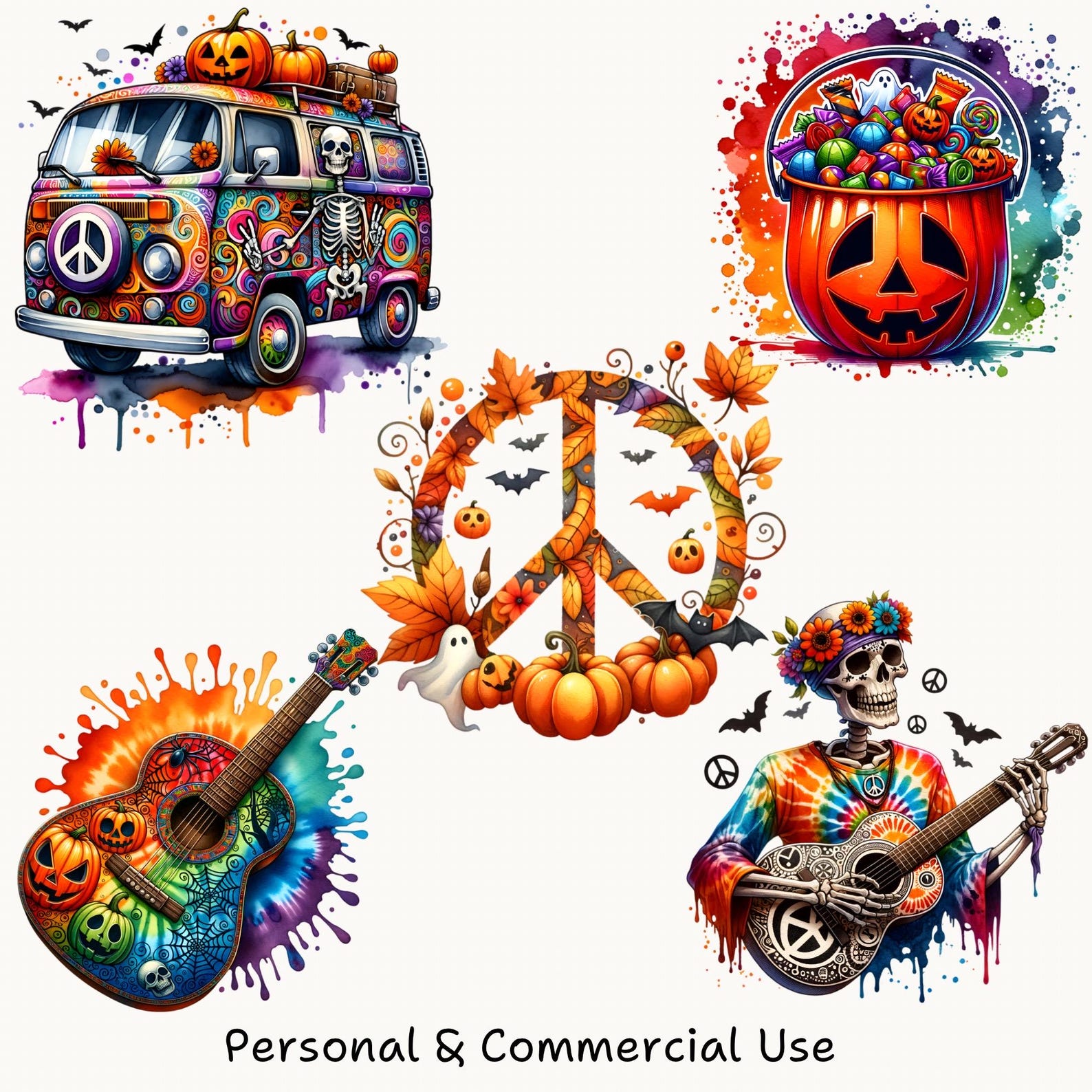 Halloween Hippie Clipart Collection | Hippie Ghost PNG | Pumpkin Hippie ...