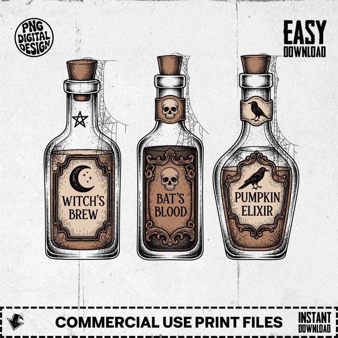 Halloween Potion Bottles Clipart, Witch Gothic PNG, Spooky Digital Art ...