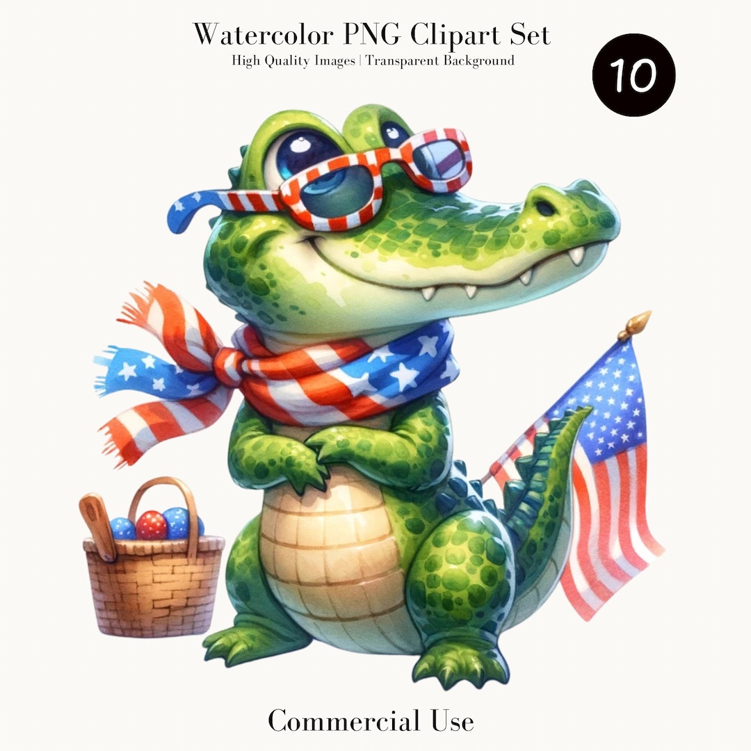 Patriotic Alligator Clipart, Memorial Day Celebration, Kids Card Art ...