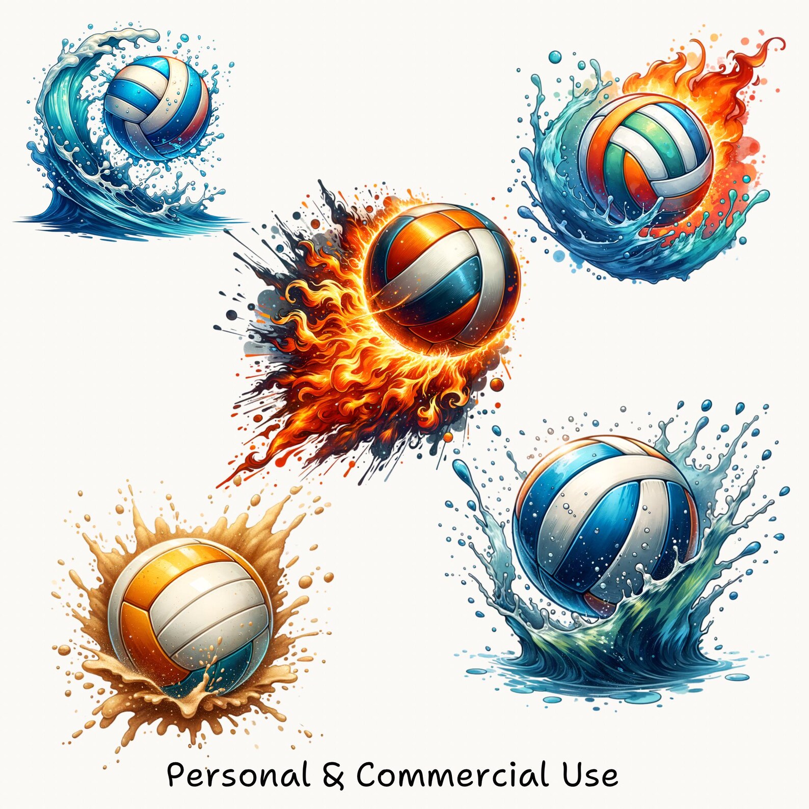 Volleyball Splash Clipart Set - Fire, Water, Sand Splash Designs for ...