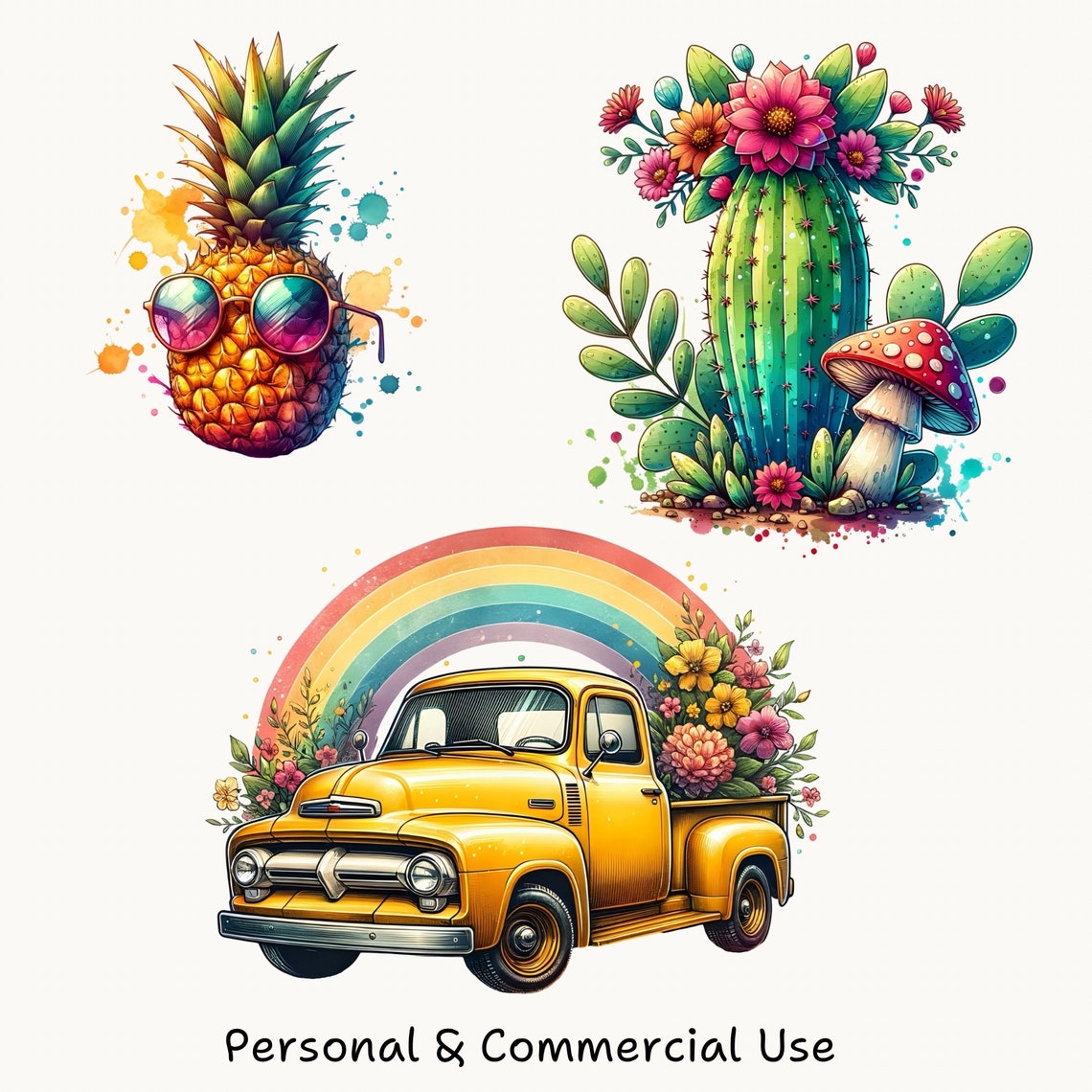 Summer Vibes Watercolor Clipart Set, Tropical Fruits, Vintage Truck ...