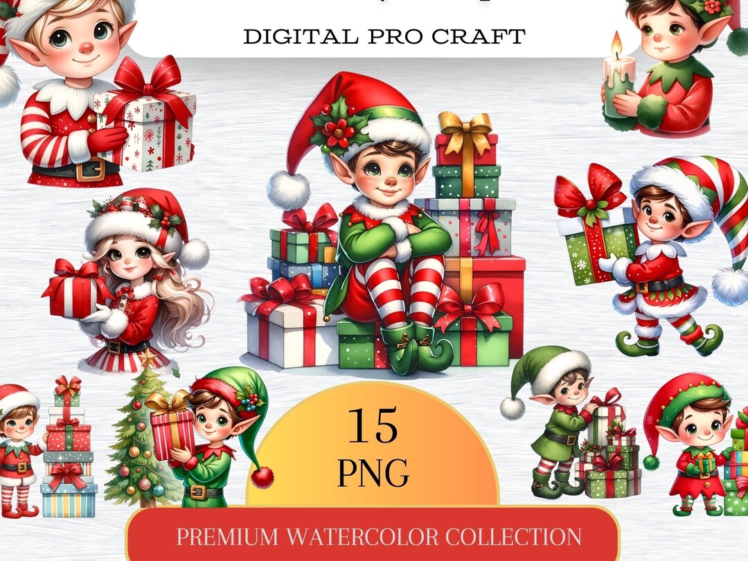 Christmas Elf PNG Clipart - Winter Watercolor Bundle - Perfect for ...