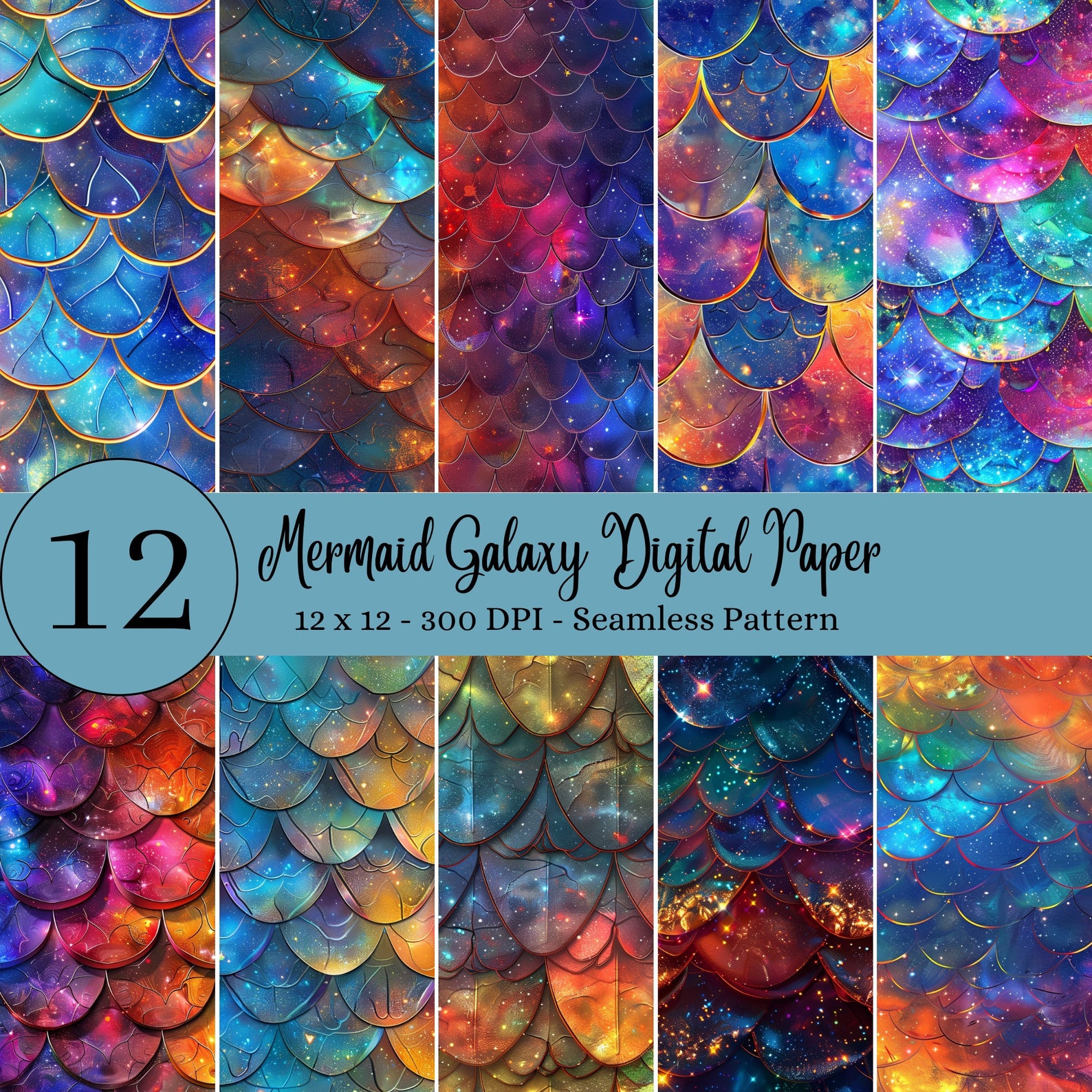 Mermaid Galaxy Digital Paper, Seamless Pattern, Scrapbooking Background ...