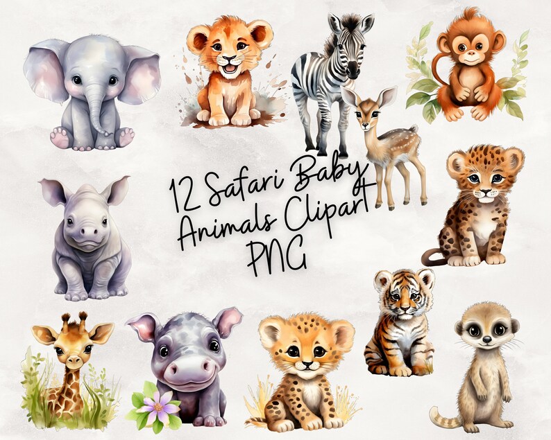 12 Watercolor Safari Baby Animals Clipart-commercial - Etsy