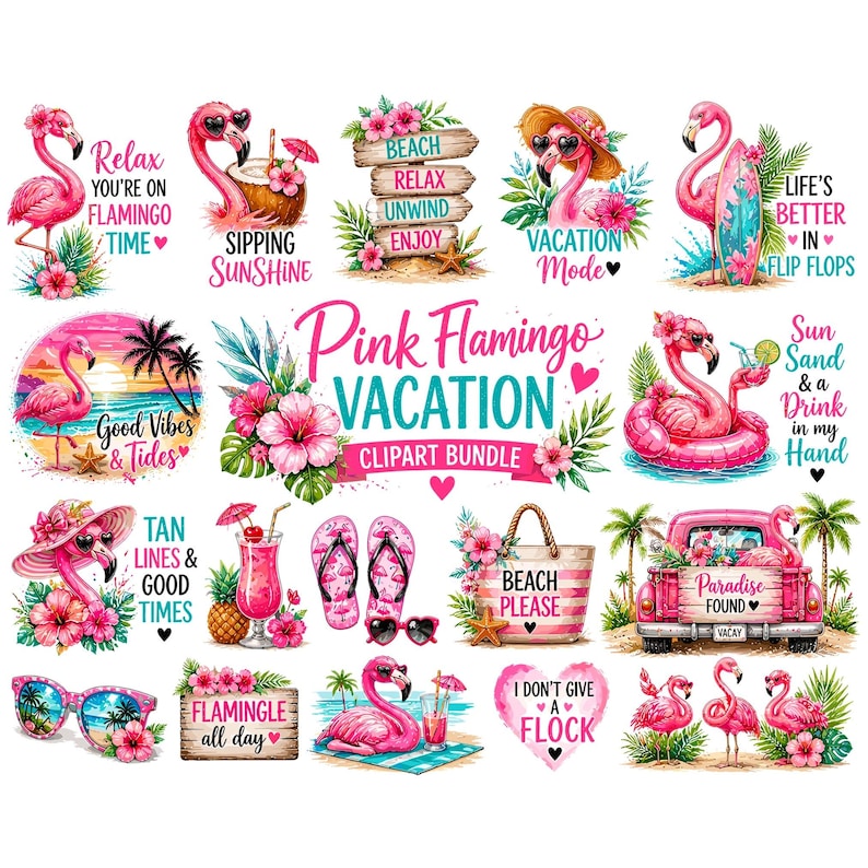 Pink Flamingo Clipart Bundle, Summer Tropical Graphics PNG, Beach ...