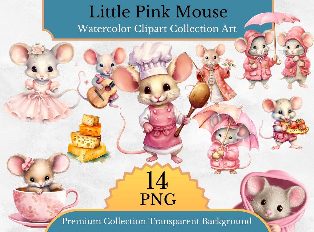 Watercolor Little Pink Mouse Clipart - Fairytale Mice 12 PNG Digital ...