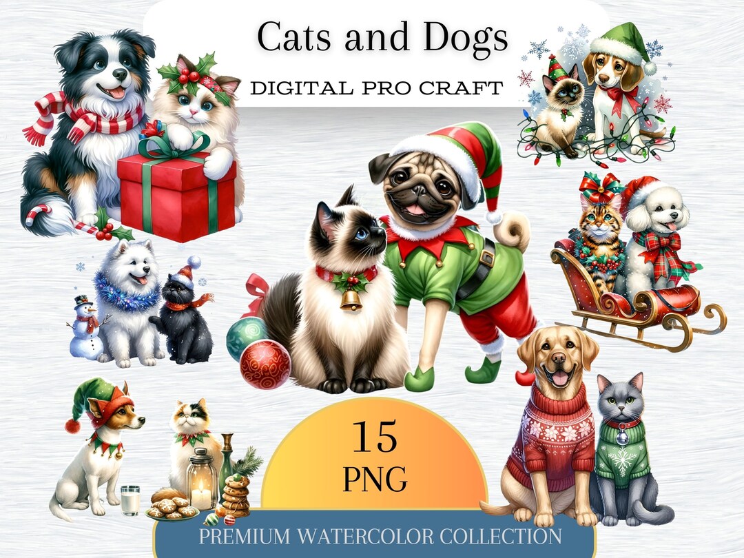 Christmas Cats and Dogs Watercolor Clipart Bundle-png Festive Dog ...