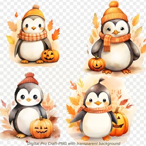 Autumn Cute Penguin Watercolor Clipart, Fall Animal Clipart PNG, Kids ...