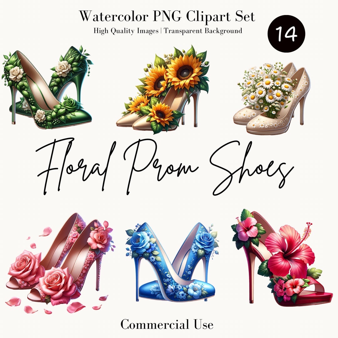Floral Prom Shoes Clipart Watercolor High Heels Clipart, Digital ...