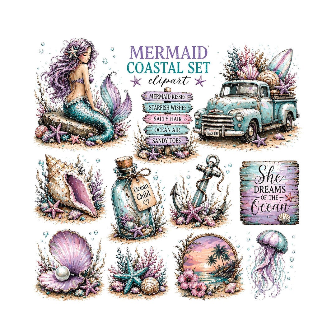 Mermaid Coastal Clipart Bundle | Watercolor Beach PNG Graphics ...
