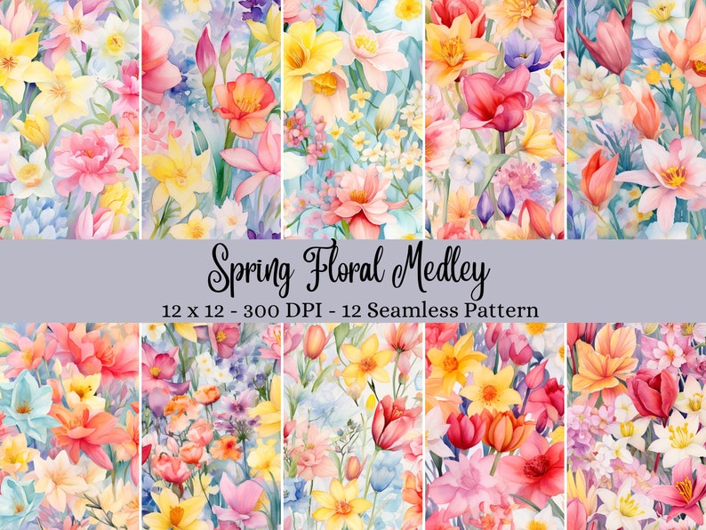 Spring Floral Medley Digital Paper Pack, 12x12 Seamless Pattern ...