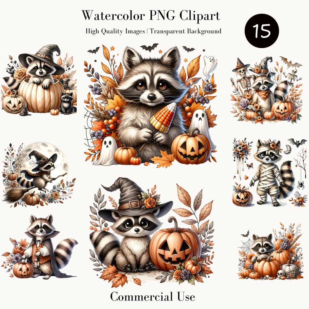 Watercolor Raccoon Halloween Clipart Bundle – Cute Raccoons With ...