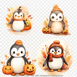 Autumn Cute Penguin Watercolor Clipart, Fall Animal Clipart PNG, Kids ...