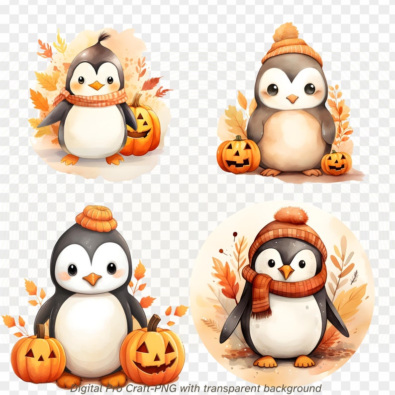 Autumn Cute Penguin Watercolor Clipart Fall Animal Clipart - Etsy