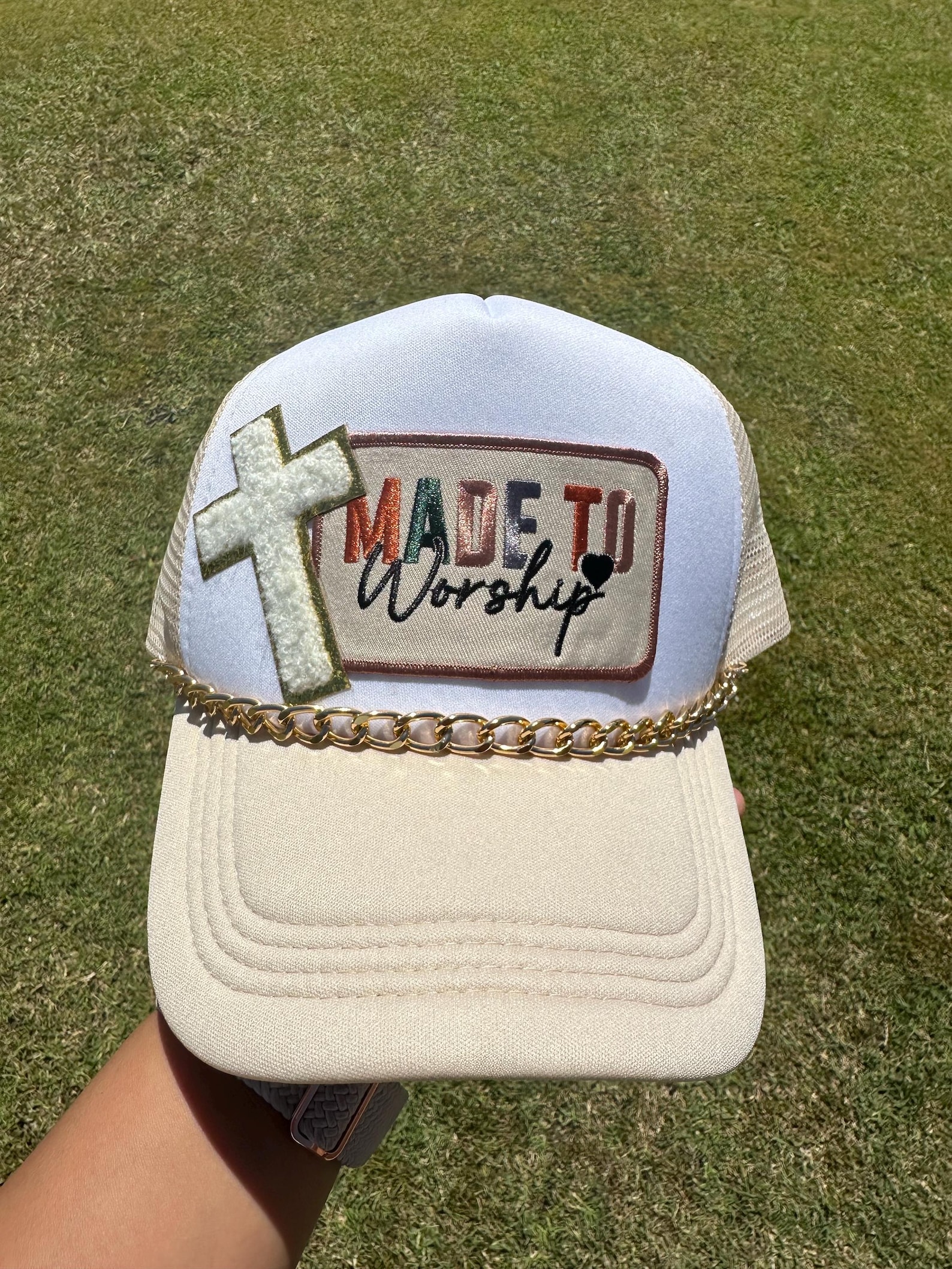 Made to Worship Cross Patch Trucker Hat With Chain, Christian Faith ...