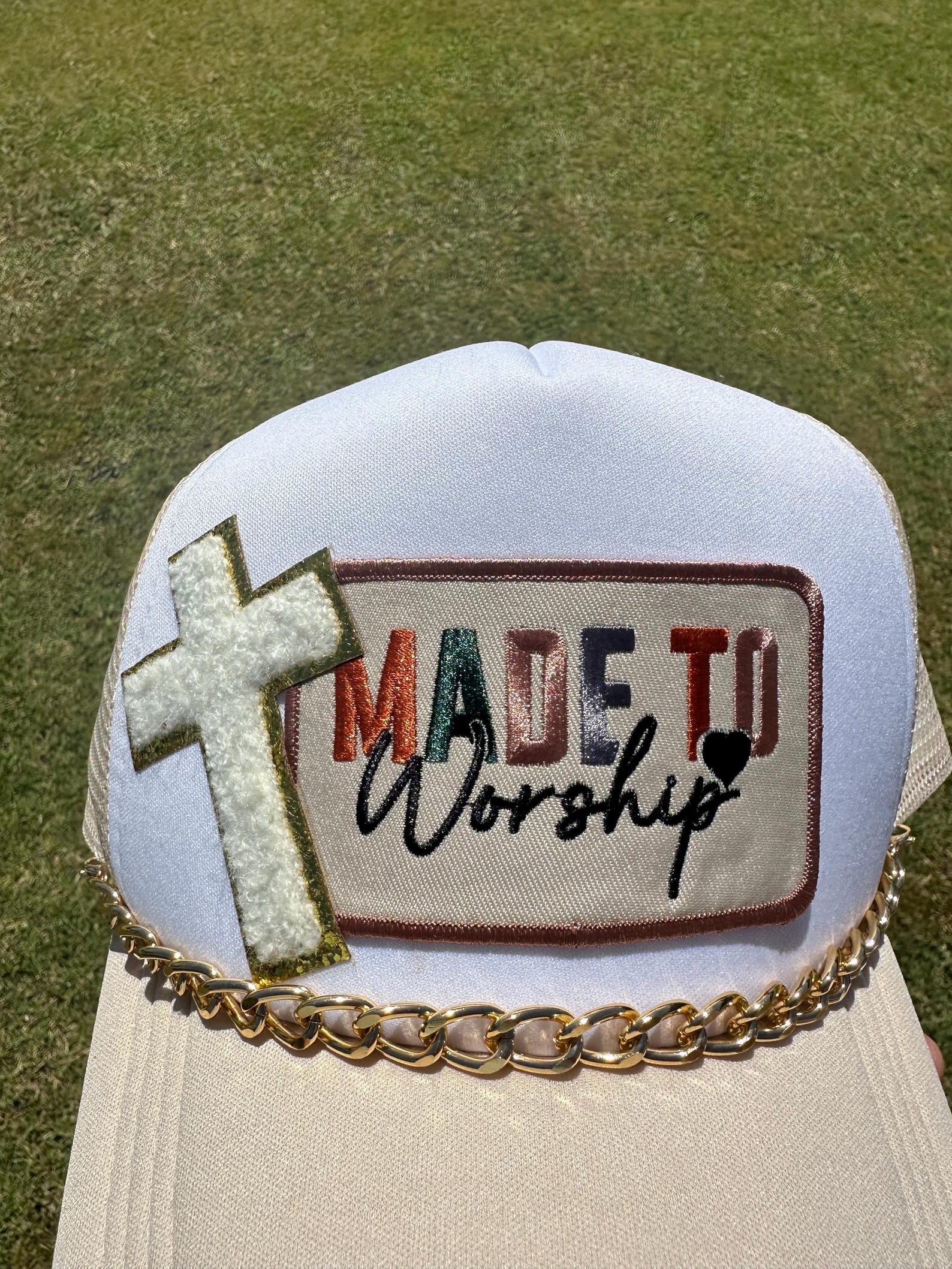 Made to Worship Cross Patch Trucker Hat With Chain, Christian Faith ...