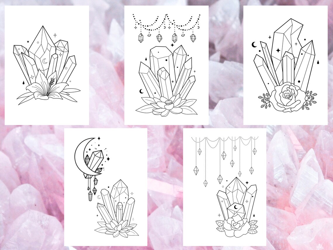 15 Mystic Crystal Colouring Pages for Adults, Boho Minimalist Coloring ...