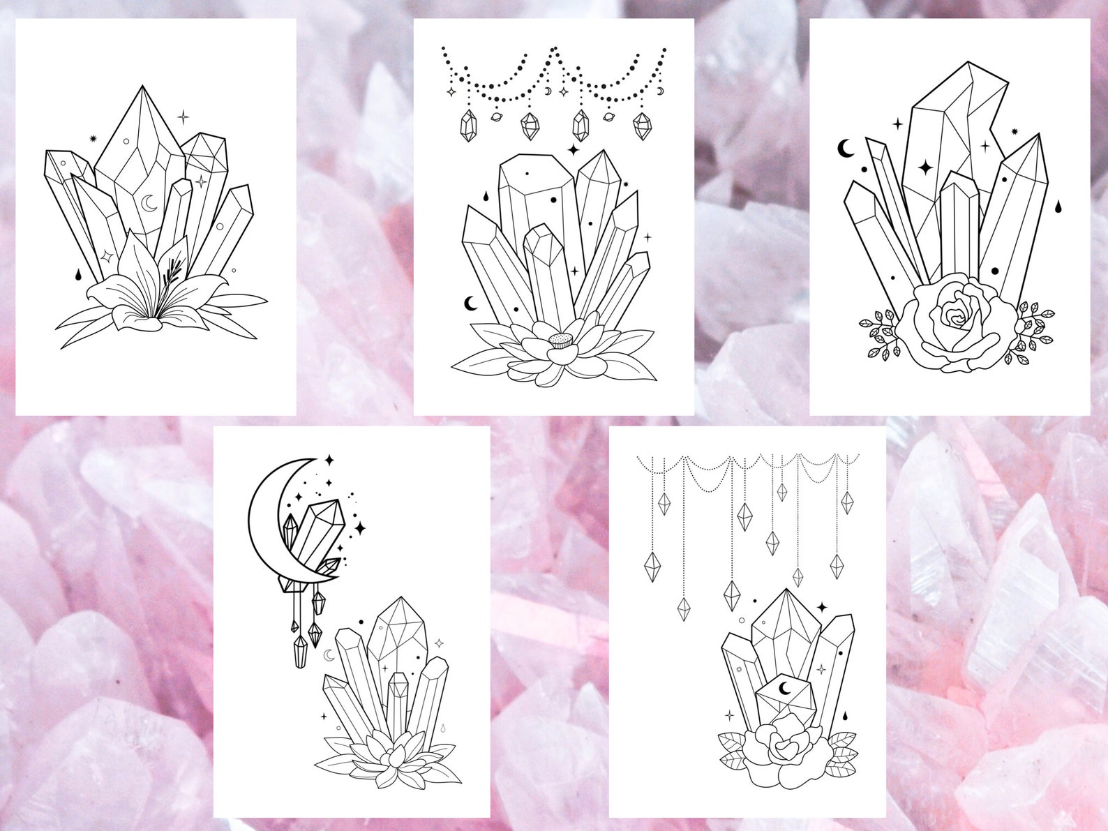 15 Mystic Crystal Colouring Pages for Adults, Boho Minimalist Coloring ...