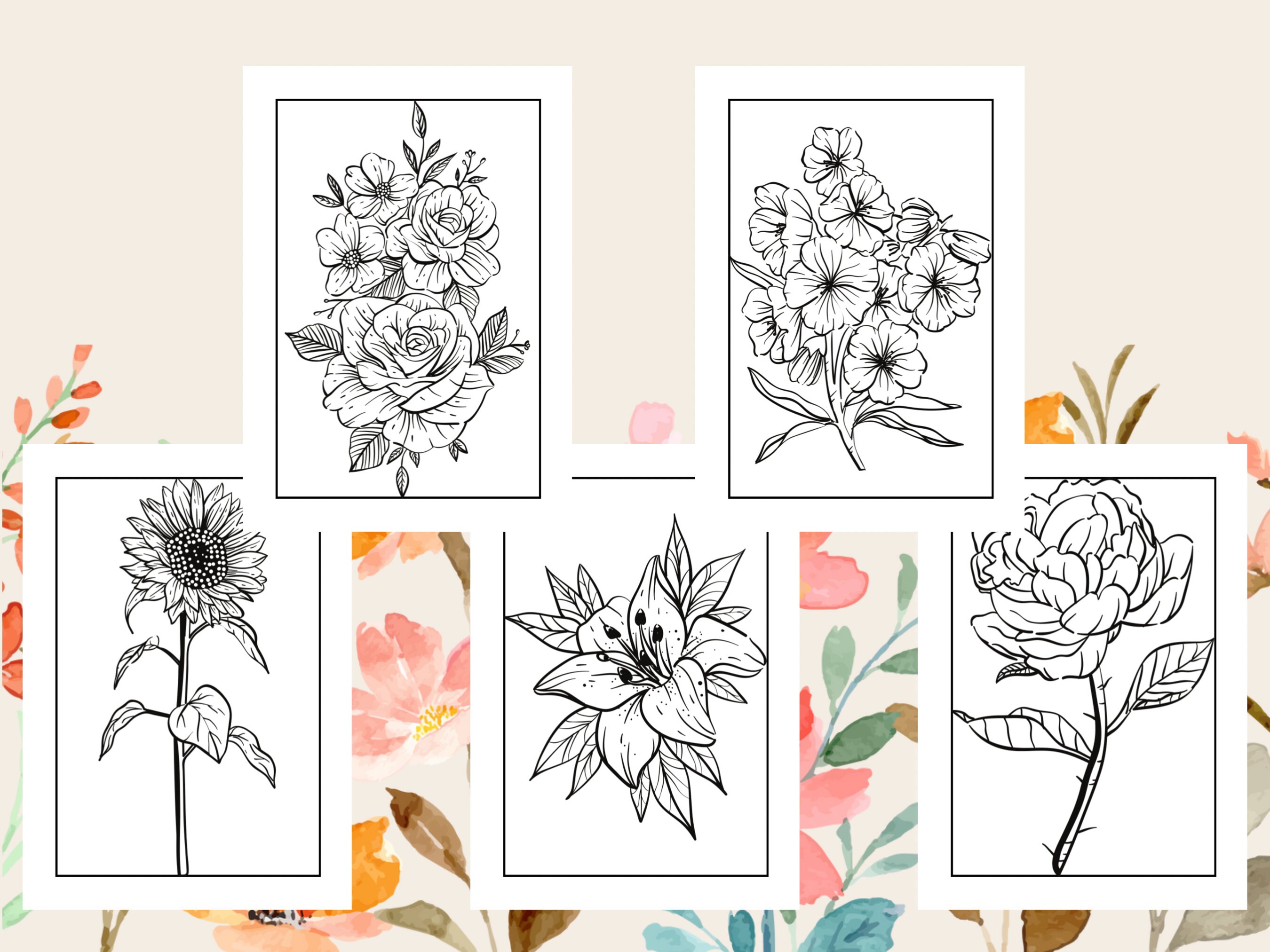 10 Flower Simple Colouring Pages for Adults, Spring Floral Miniamalist ...