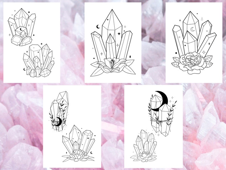 15 Mystic Crystal Colouring Pages for Adults, Boho Minimalist Coloring ...