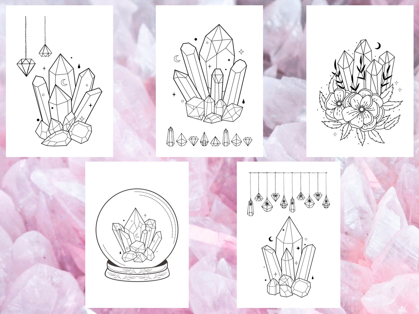 15 Mystic Crystal Colouring Pages for Adults, Boho Minimalist Coloring ...
