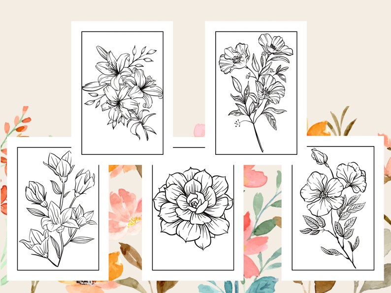 10 Flower Simple Colouring Pages for Adults, Spring Floral Miniamalist ...