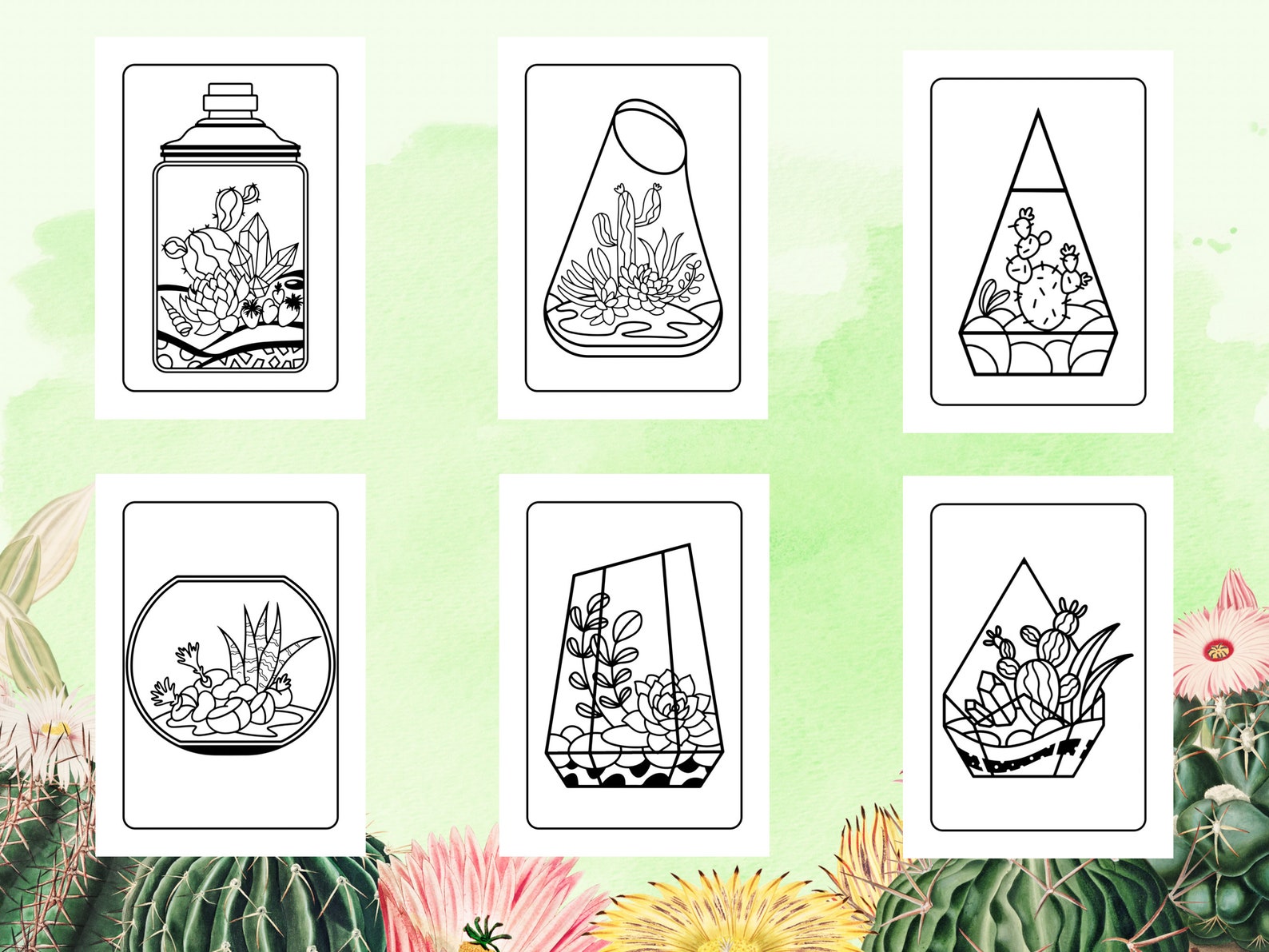6 Bohemian Terrarium Colouring Pages for Adults, Boho Minimalist Cactus ...