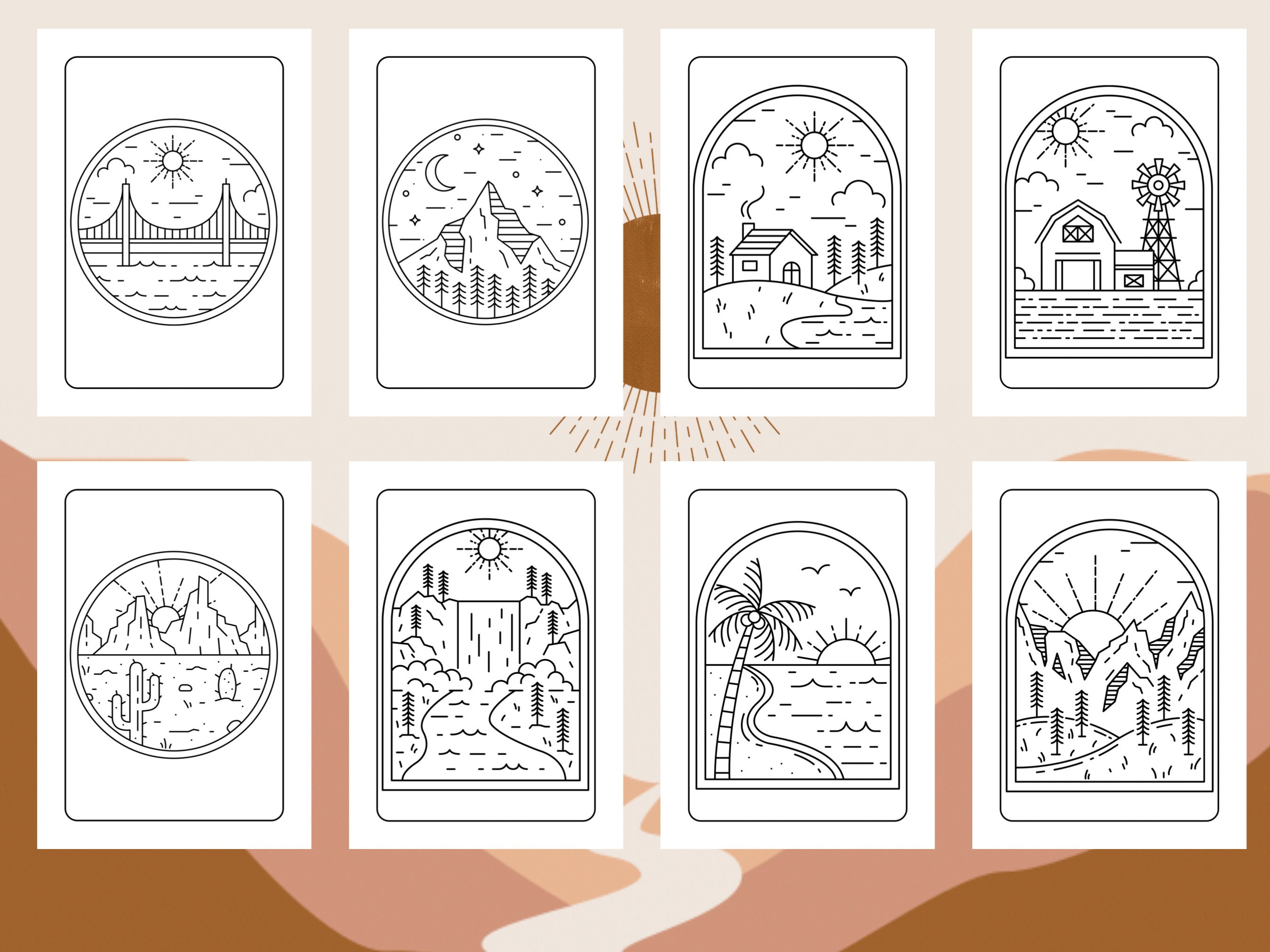 25 Bohemian Landscape Colouring Pages for Adults, Boho Minimalist ...