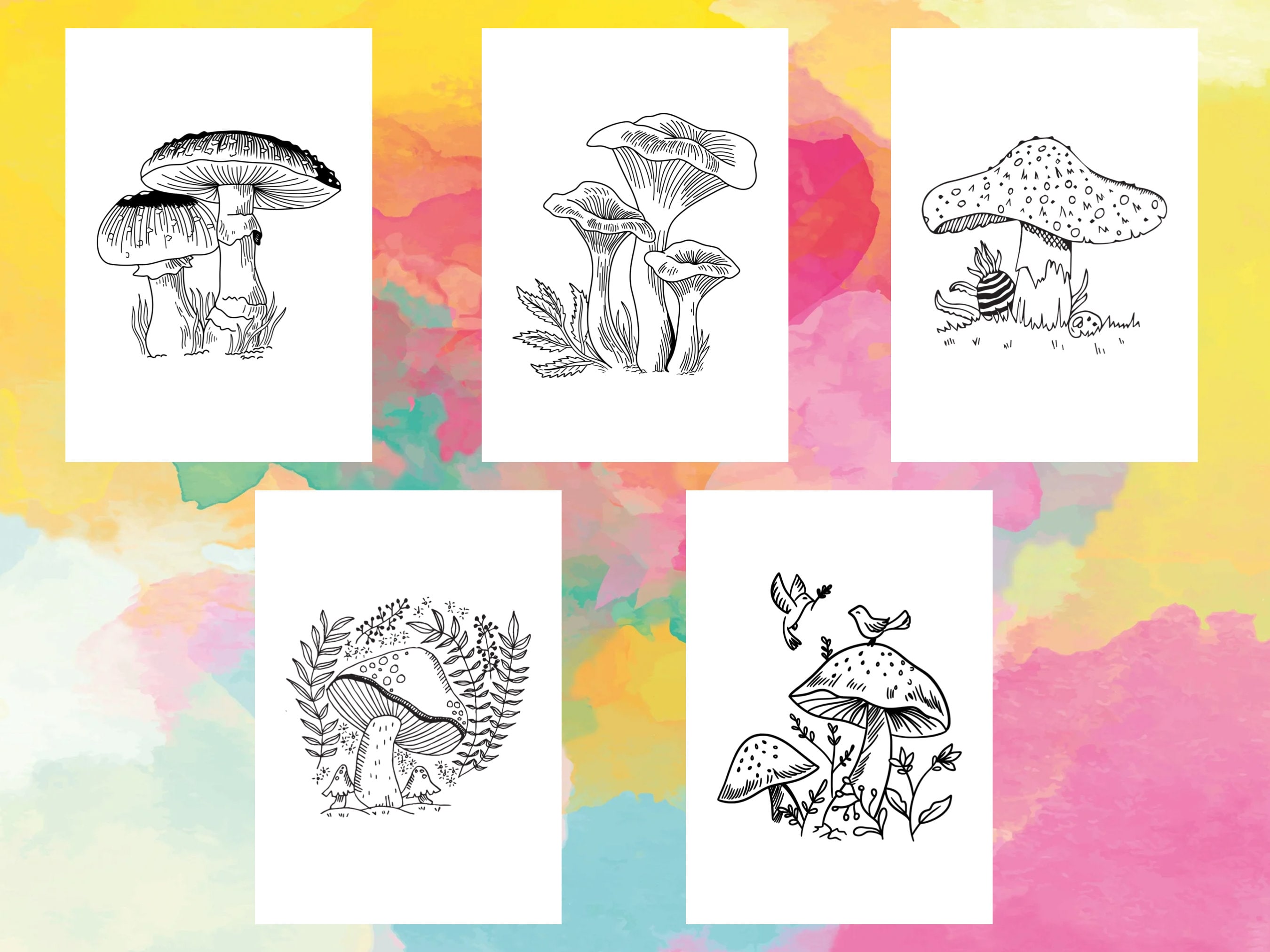 10 Magic Mushrooms Colouring Pages for Adults, Mushroom Nature Woodland ...