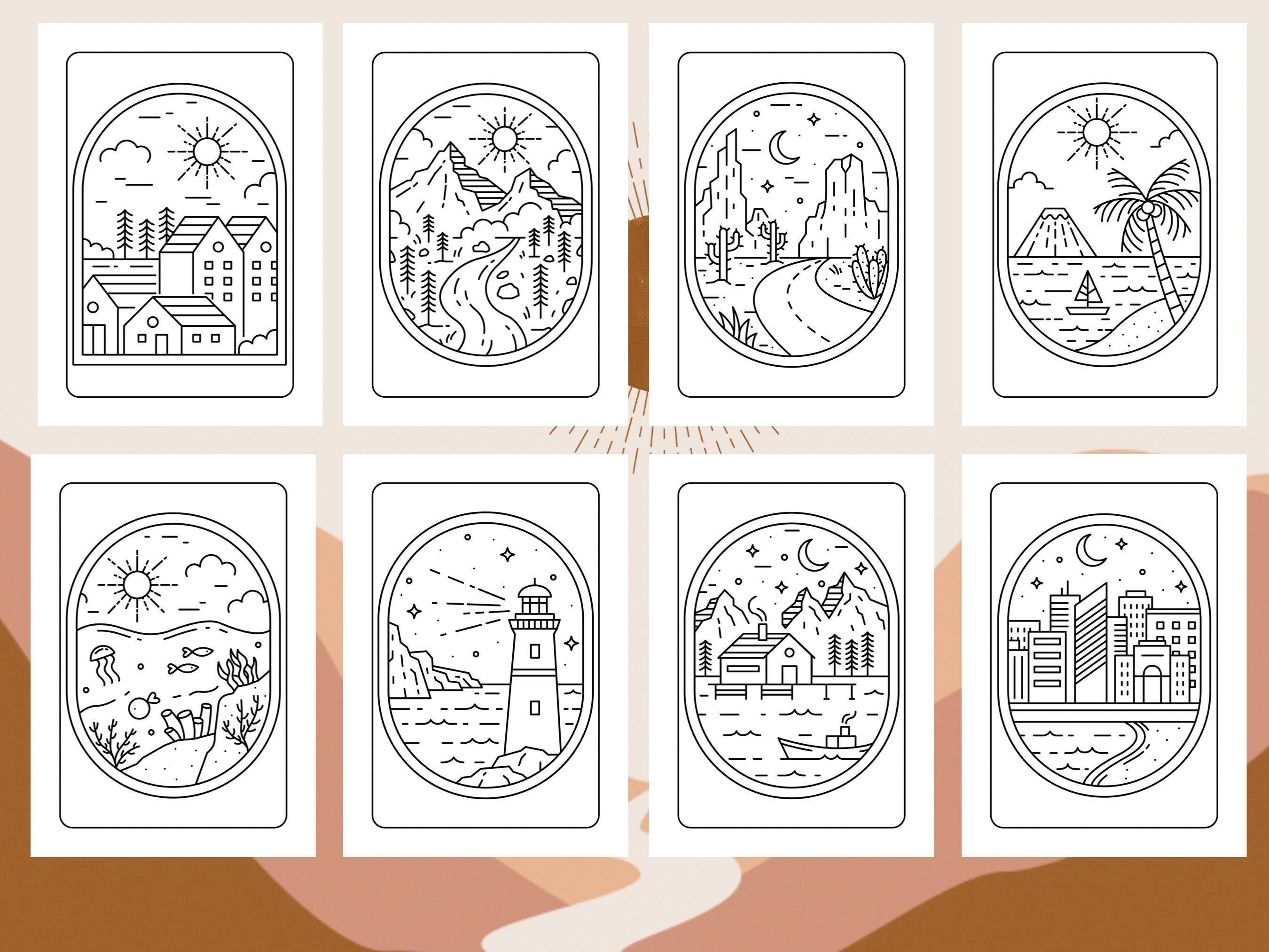 25 Bohemian Landscape Colouring Pages for Adults, Boho Minimalist ...