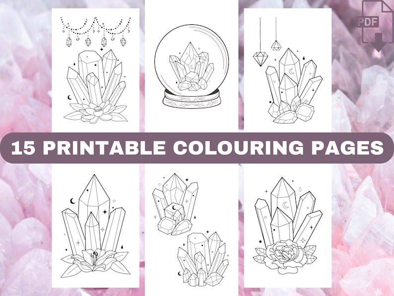 15 Mystic Crystal Colouring Pages for Adults, Boho Minimalist Coloring ...