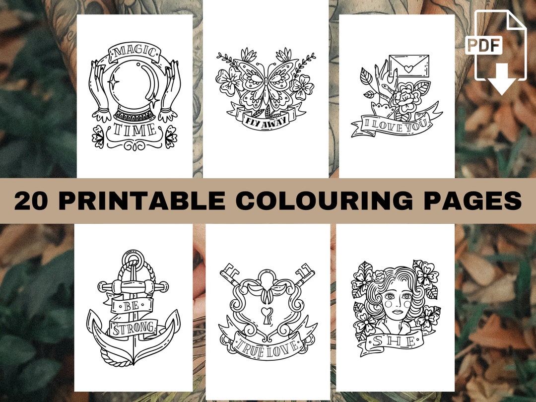 20 Old School Tattoo Simple Colouring Pages for Adults, Boho Skool ...