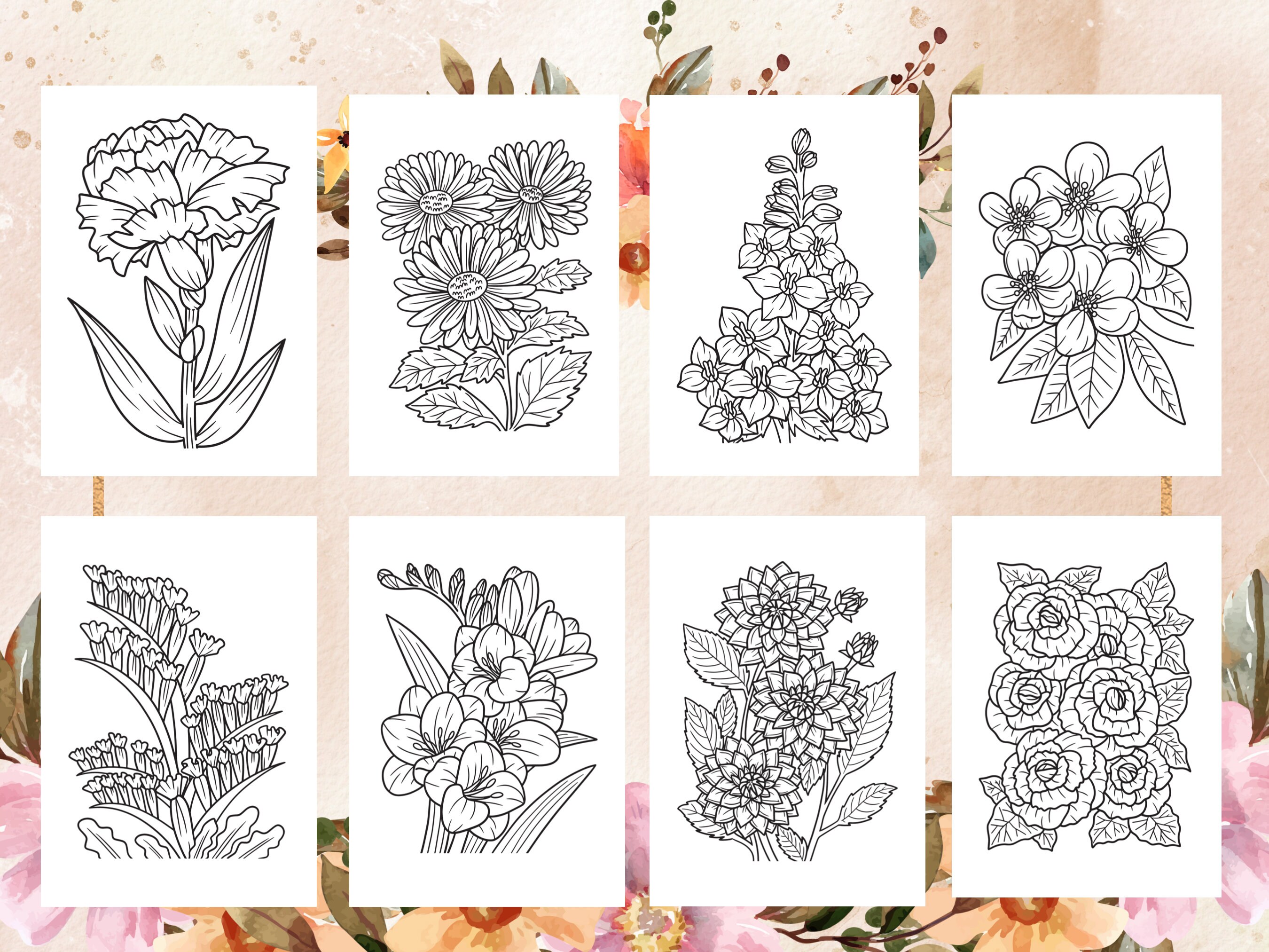 40 Flower Colouring Pages for Adults, Floral Garden Bouquet Flowers ...