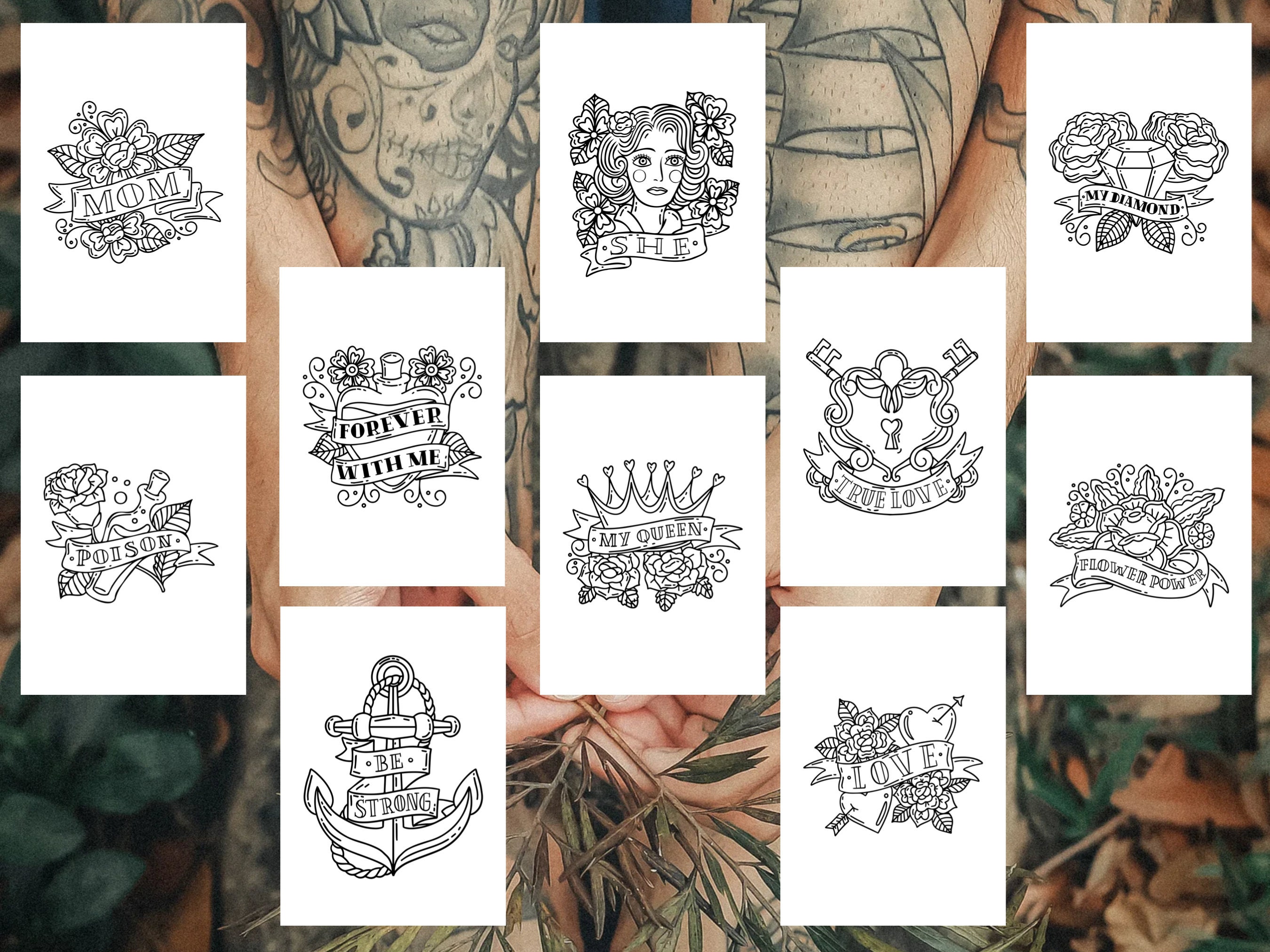 20 Old School Tattoo Simple Colouring Pages for Adults, Boho Skool ...