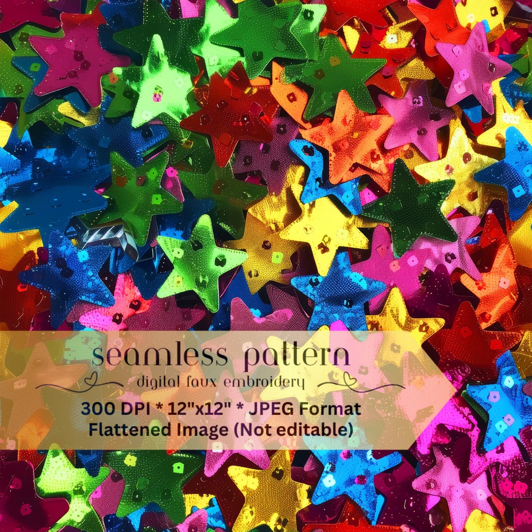 Rainbow Sequin Stars Faux Embroidery Seamless Pattern, Glitter Stars ...