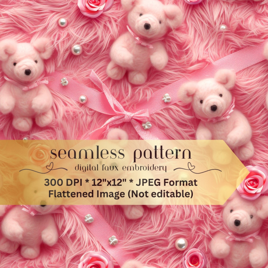 Pink Felt Bears Seamless Pattern, Pink Girly Bear Digital Paper Fabric ...