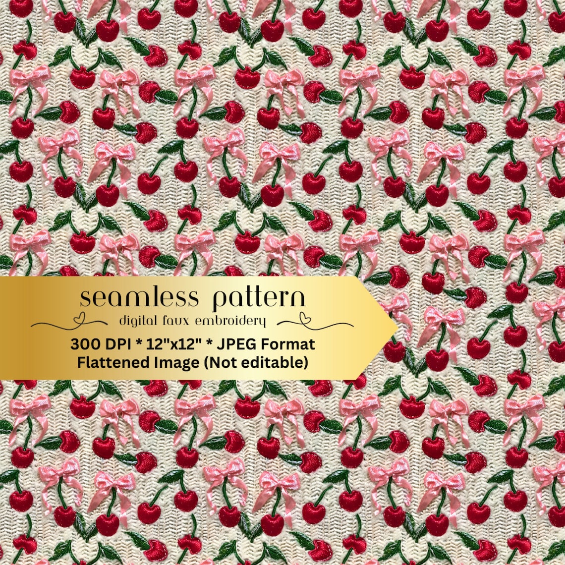 Cherries Bows Seamless Pattern, Cherries Bows Pink Faux Embroidery ...