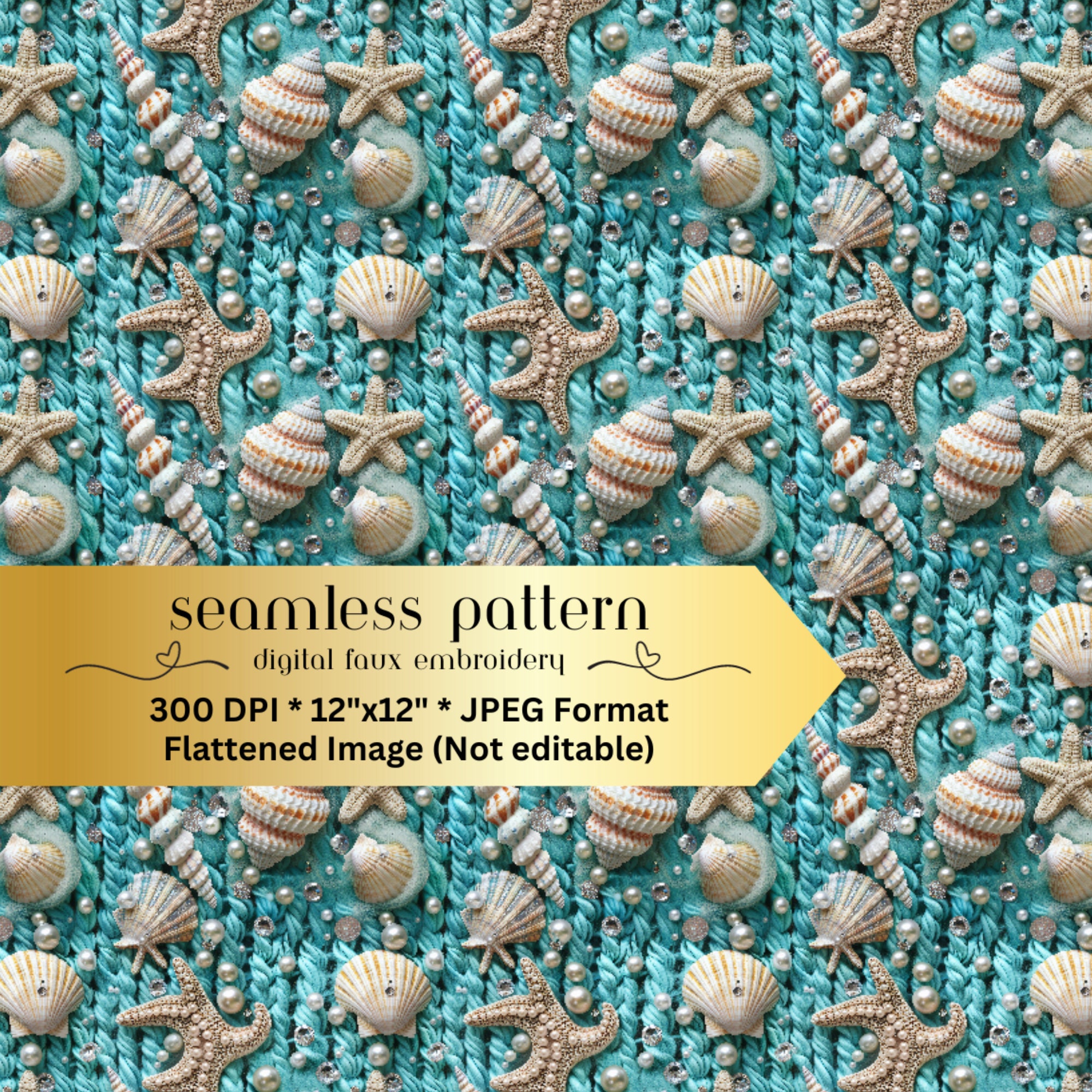 Beach Seashell Seamless Pattern, Beach Seashell Faux Embroidery, Shells ...