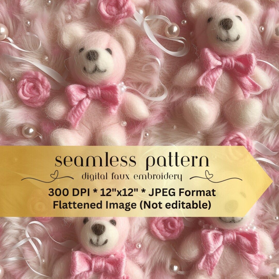 Fluffy Pink Bear Seamless Pattern, Pink Felt Bears Fabric Sublimation ...