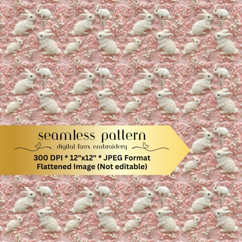Pink White Bunnies Seamless Pattern, Bunnies Faux Embroidery, Easter ...