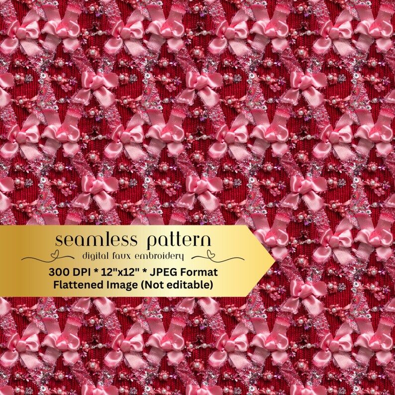 Pink Red Bows Faux Embroidery, Pink and Red Bows Seamless Pattern, Pink ...