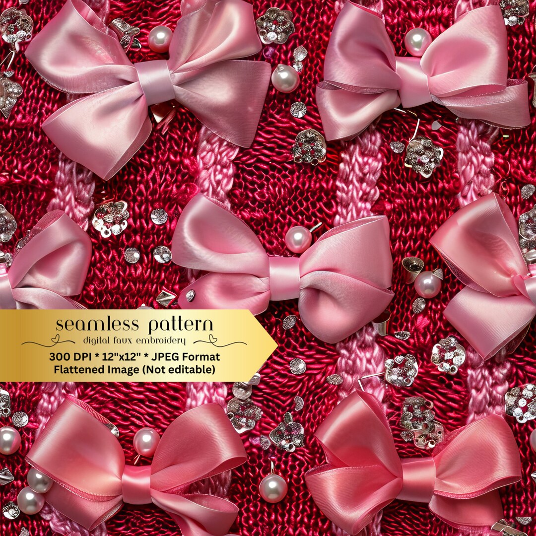 Pink Bows Faux Embroidery, Pink Bows Seamless Pattern, Pink Bows ...