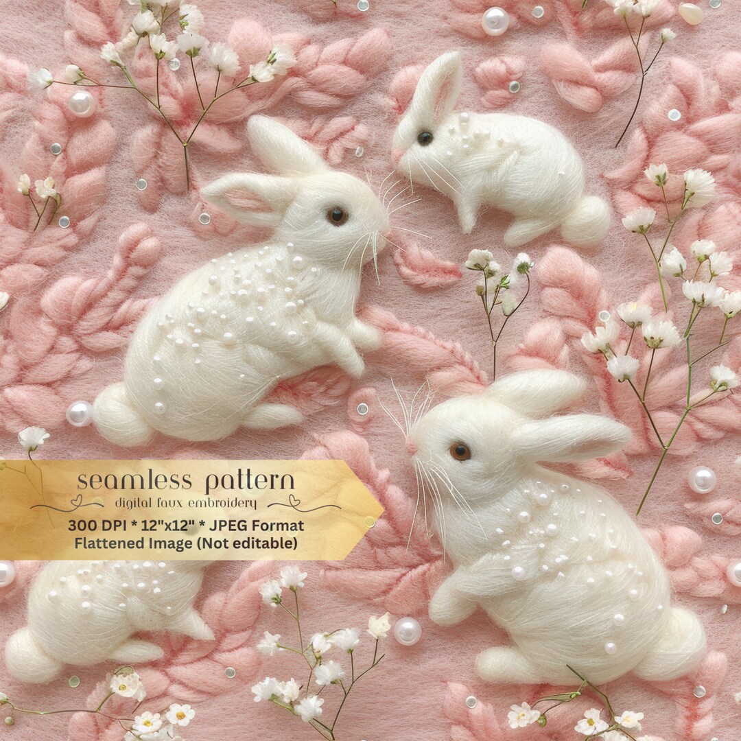 Pink White Bunnies Seamless Pattern, Bunnies Faux Embroidery, Easter ...