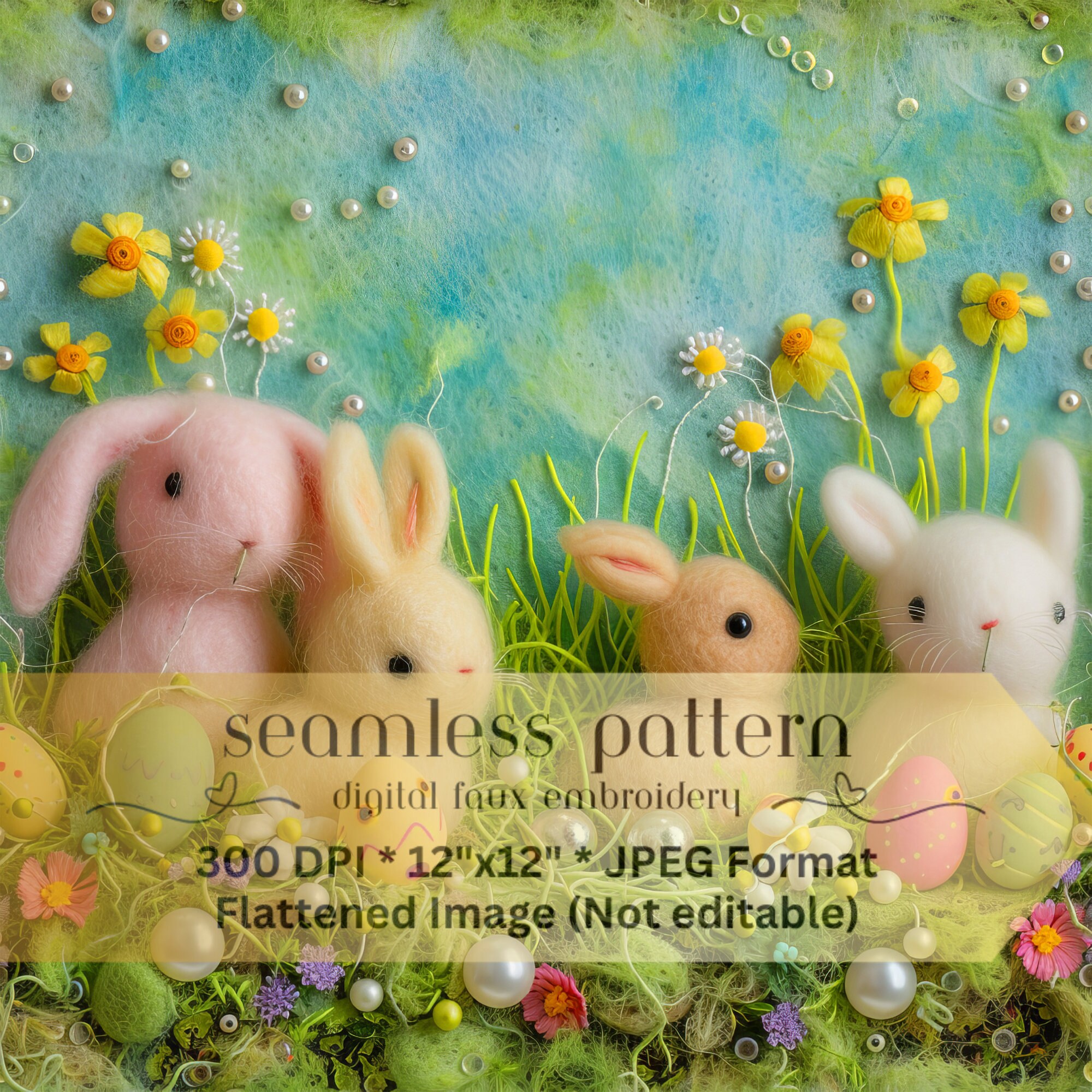 Floppy Eared Bunny Seamless Pattern, Easter Faux Embroidery, Repeating ...